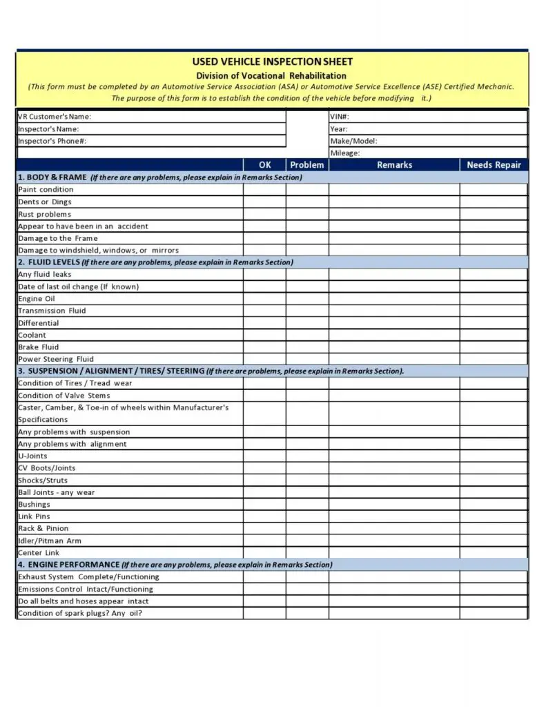 39 mejores formularios de inspección de vehículos (Lyft, Uber, etc.) - Mundo Plantillas