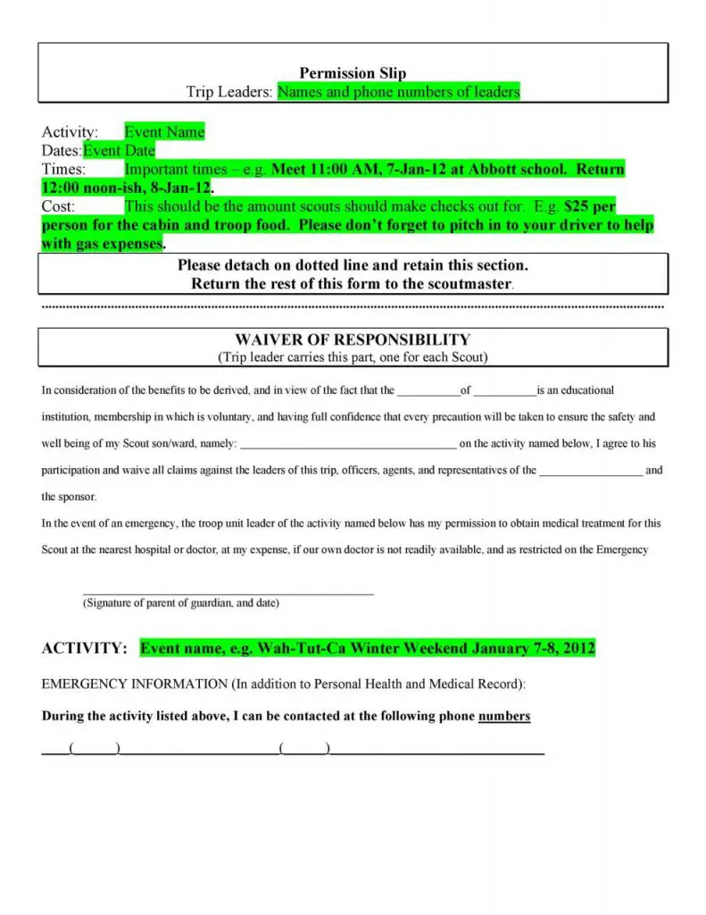 35 plantillas de comprobantes de permiso y formularios de excursiones ...