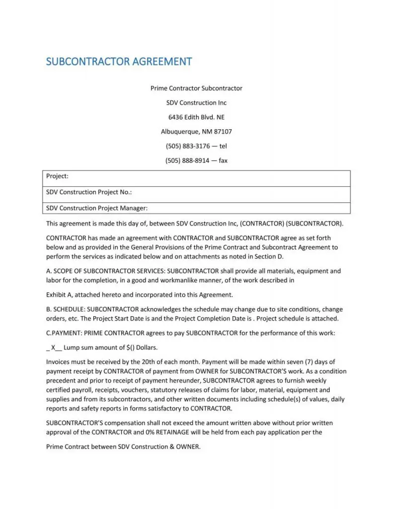 39 plantillas y muestras gratuitas de acuerdos de subcontratistas ...