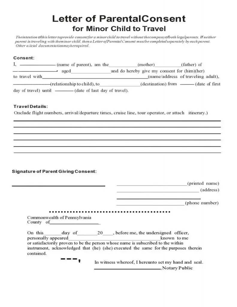 45 Formularios De Consentimiento De Viaje Para Niños Word Y Pdf