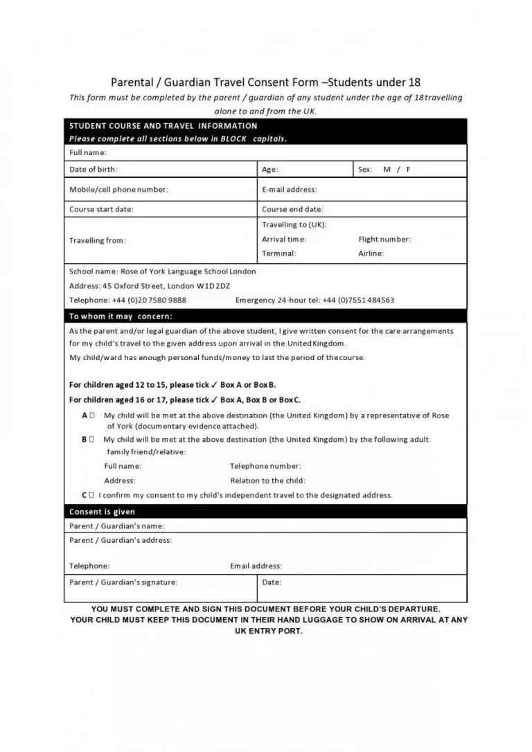 45 Formularios de consentimiento de viaje para niños (Word y PDF ...