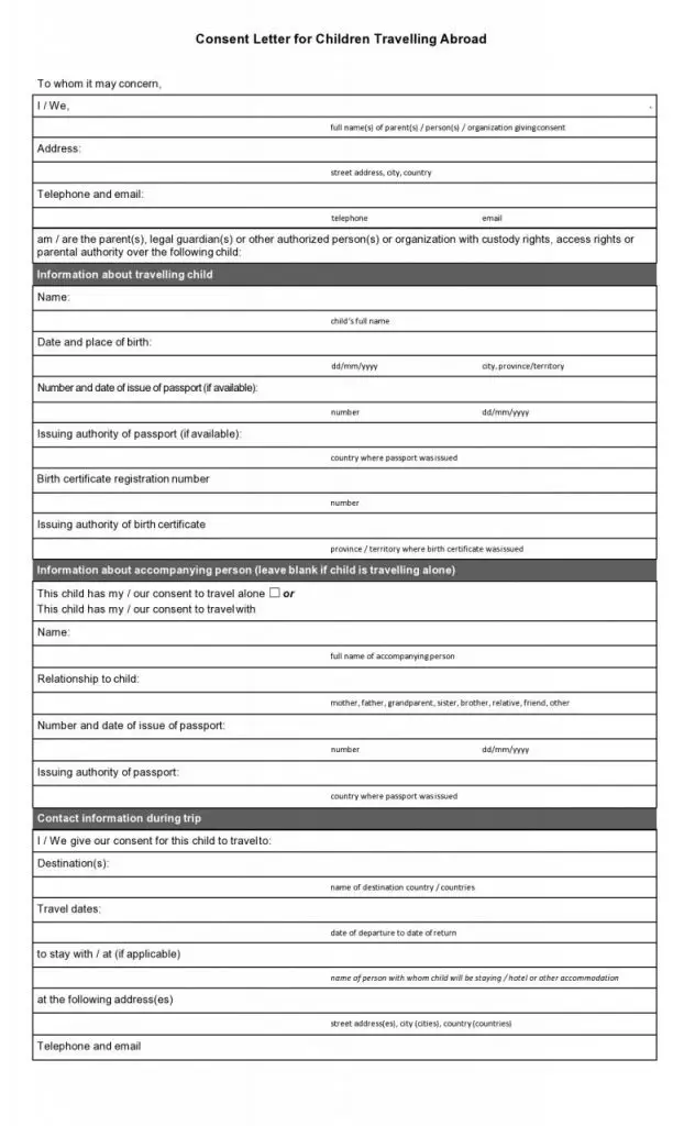 45 Formularios de consentimiento de viaje para niños (Word y PDF ...