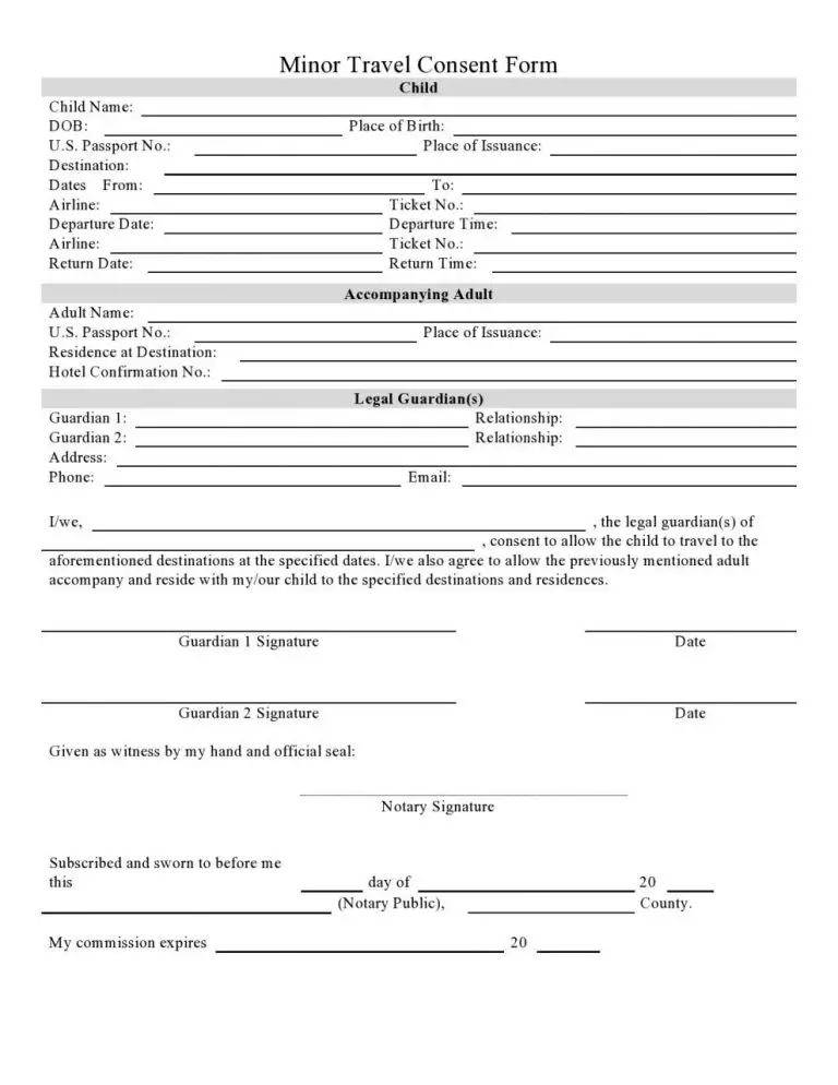 45 Formularios de consentimiento de viaje para niños (Word y PDF ...
