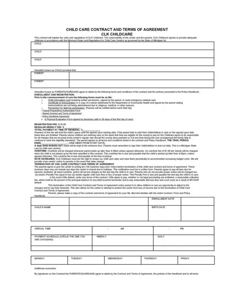 50 plantillas de contrato de guardería, cuidado infantil y cuidado de ...